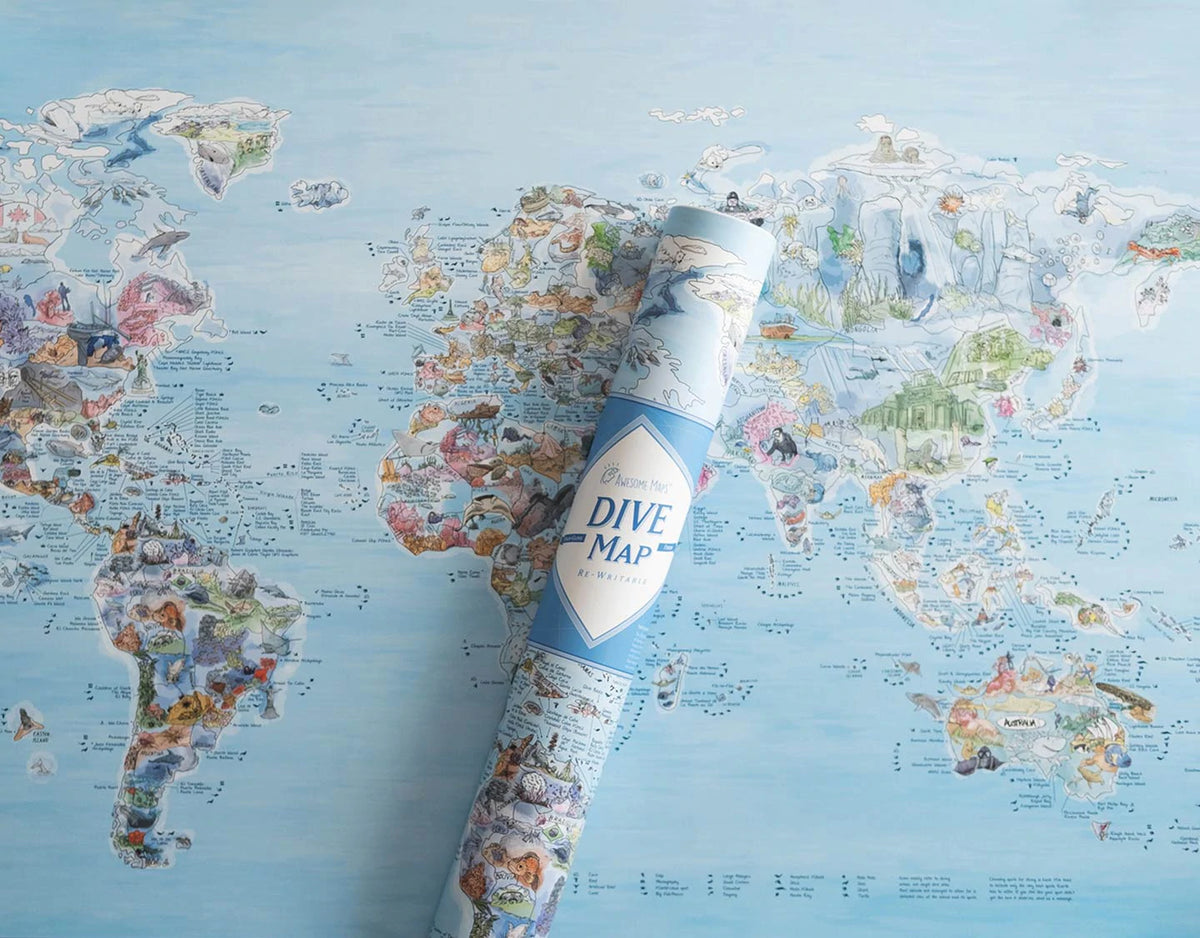World Dive Wall Map - Hand Drawn Poster of SCUBA Diving Sites Around t ...