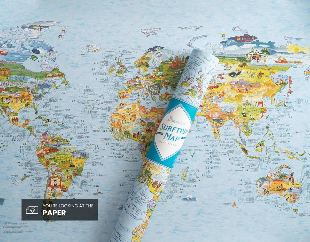 World Surfing Wall Map - Hand Drawn Poster of Surf Sites Around the Wo ...
