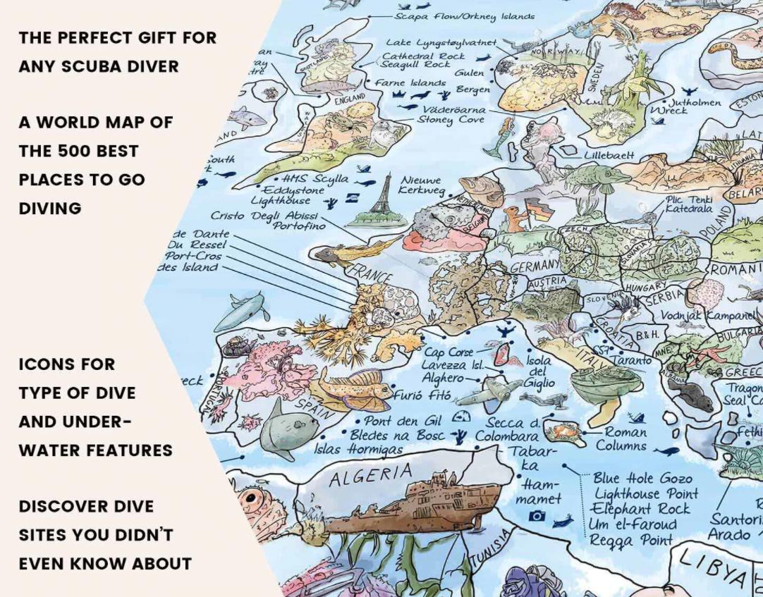 World Dive Wall Map - Hand Drawn Poster of SCUBA Diving Sites Around t ...
