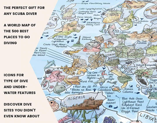 World Dive Wall Map - Hand Drawn Poster of SCUBA Diving Sites Around t ...