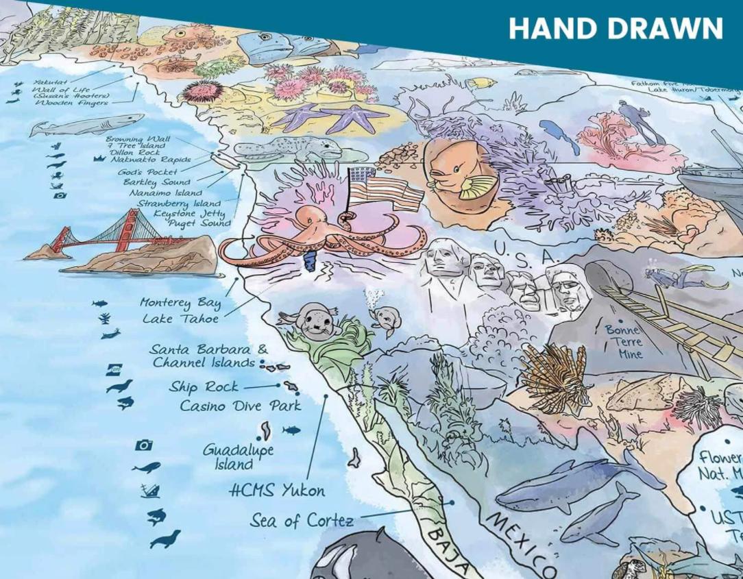 World Dive Wall Map - Hand Drawn Poster of SCUBA Diving Sites Around t ...