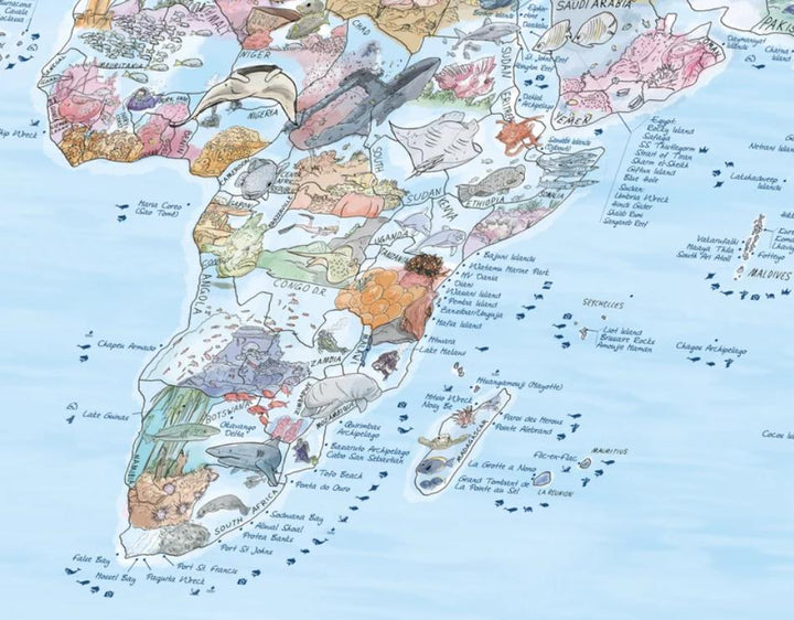 World Dive Wall Map - Hand Drawn Poster of SCUBA Diving Sites Around t ...